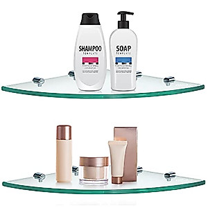 Sanbege 2 Pcs Tempered Glass Corner Shelf with 8 Brackets, 9.5" x 9.5" Floating Shower Caddy, Wall Mounted Shampoo Holder Organizer for Bathroom, Kitchen, Living Room