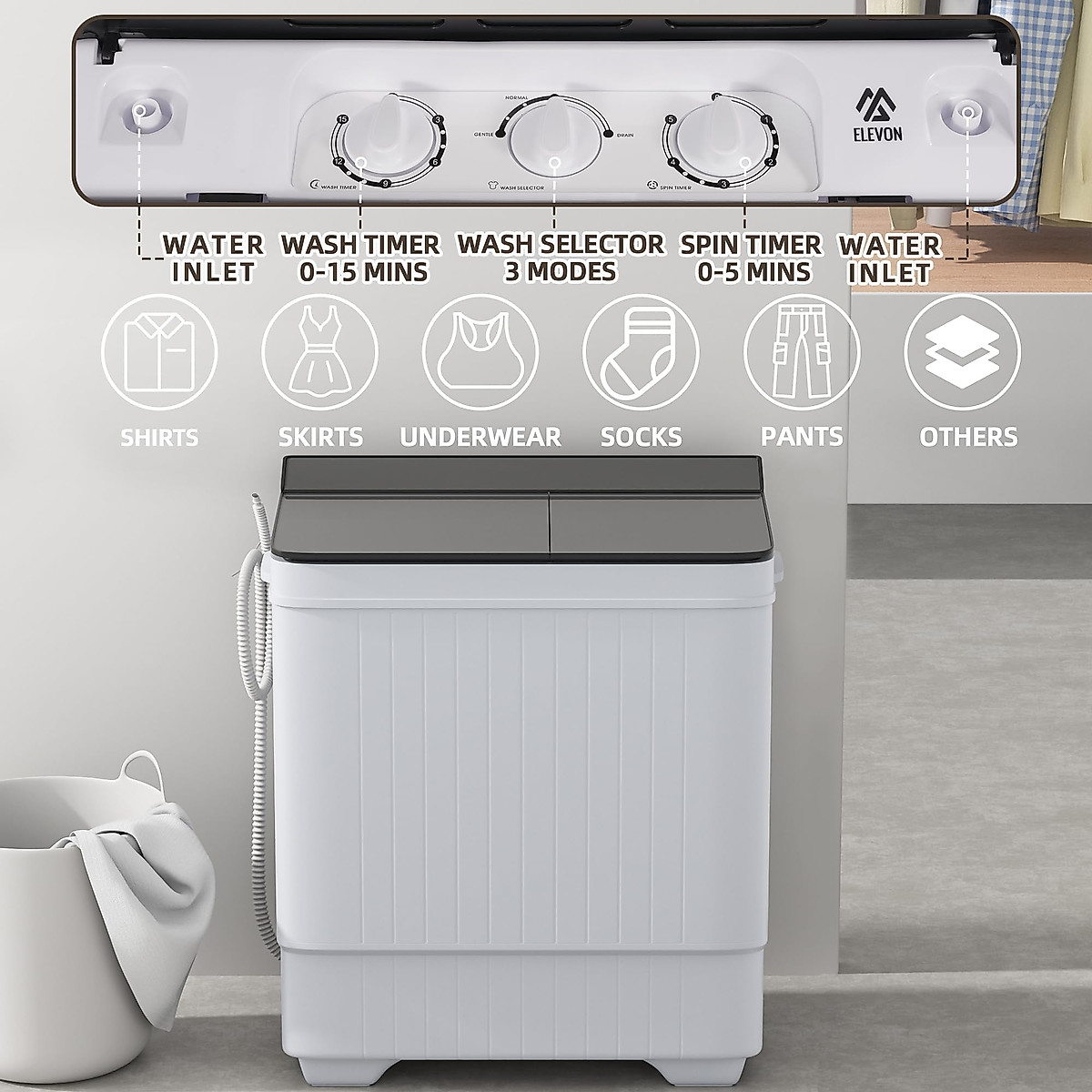 Elevon Portable Washing machine, 28lbs Mini Compact Laundry Washing Machine, Twin Tub 18lbs Washer & 10lbs Spinner Combo, Clothes Washer Machine with Drain Pump for Apartment, Dormitory and RVs