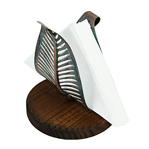 OwlGift Freestanding Modern Napkin Holder w/Golden Turquoise Metal Leaf & Brown Wooden Base Design, Tabletop Tissue Dispenser, Napkin Storage Organizer