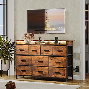 NASHZEN Dresser TV Stand with 10 Drawers, Dresser TV Stand with LED Lights & Power Outlets, Bedroom Makeup Dresser, Chest of Drawers up to 50'' Long TV, Wide Fabric Dresser with Shelf, Rustic Brown