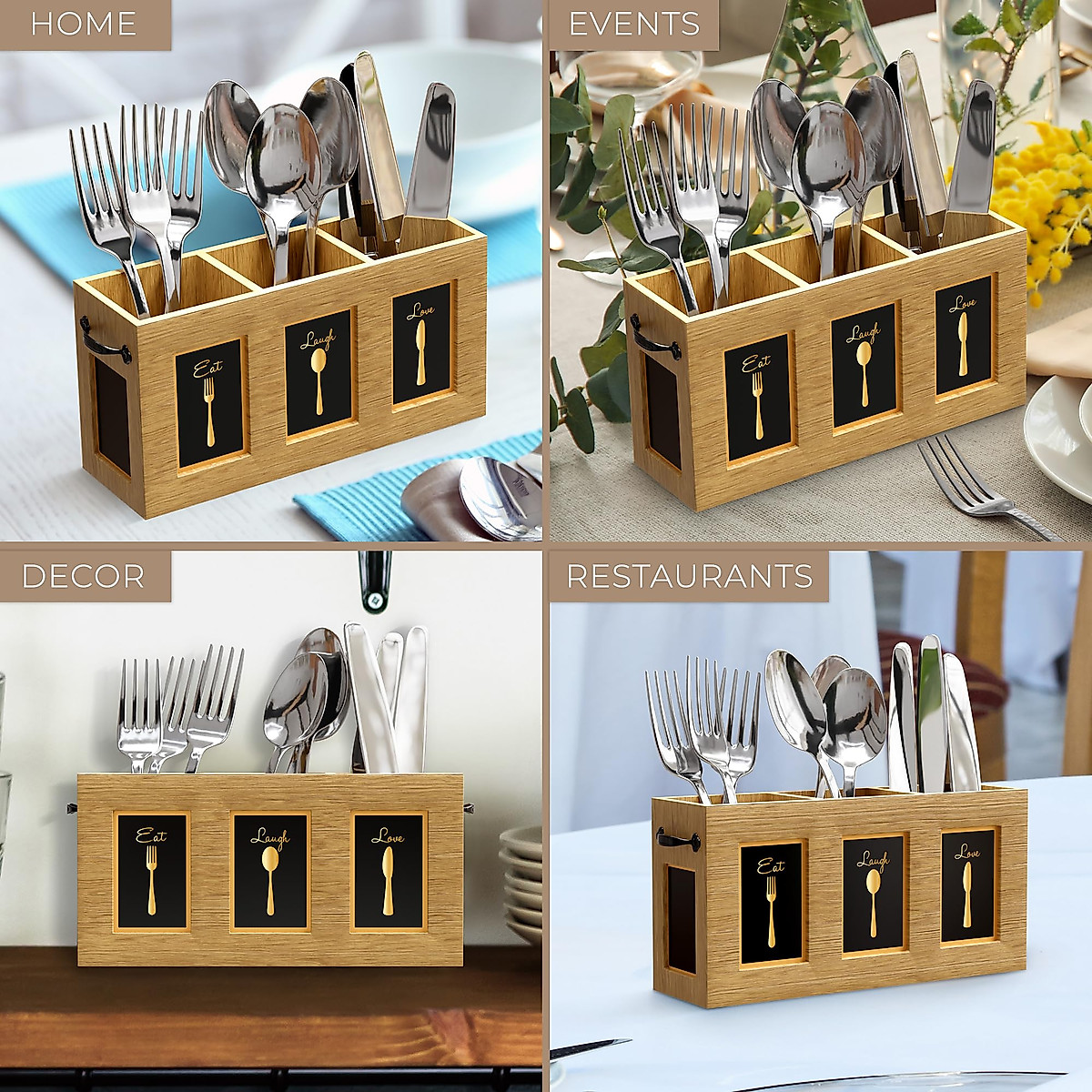 Bamboo Silverware Caddy, Cutlery Holder with Handle - 3 Compartment Utensil Holder and Easy to Clean Spoon Fork Knife Holder - Non-Slip utensil holder for kitchen counter and farmhouse kitchen décor