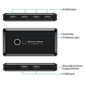 USB Switch Selector KVM Switch 2 Computers Sharing 4 USB Devices USB 2.0 Peripheral Switcher Box Hub for Mouse Keyboard Scanner Printer PCs with One-Button Swapping and 2 Pack USB A to A Cable