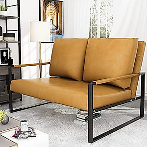 AWQM Mid-Century Retro Modern Living Room Sofa Set with Loveseat and Accent Chair, Faux Leather Loveseat Sofa and Armchair Sofa Chair for Small Space, Office, 105 Degree Slant Back, Camel