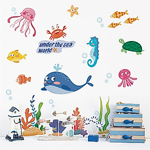 Runtoo Under The Sea Wall Stickers Whale Fish Jellyfish Wall Decals Bathroom Kids Bedroom Baby Nursery Wall Decor