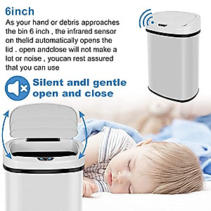 13 Gallon 50 Liter kitchen Trash Can with Touch-Free & Motion Sensor, Automatic Stainless-Steel Garbage Can, Anti-fingerprint Mute Designed Trash Bin Touchless Trash Can for Office Bedroom, White