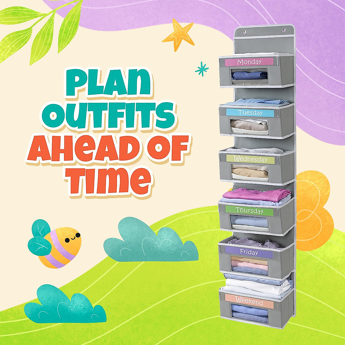 Houseables Weekly Clothes Organizer for Kids, Kids Clothes Organizer, 6 Shelf w/Day of The Week Labels. Hanging Over The Door Organizer, Days of The Week Clothes Organizer, Outfit Organizer for Week