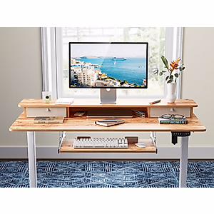 CubiCubi 55 x 24 Inches Large Height Adjustable Desk with Storage Shelf, Electric Standing Desk with Keyboard Tray, Ergonomic Workstation for Home Office, Light Rustic Brown Top