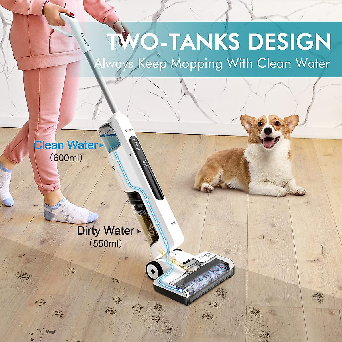 Ecowell Cordless Wet Dry Vacuum Cleaner and Mop, with Self Cleaning for Hard Floor and Area Rug Vacuum Cleaner, 8.2 pounds, WCVP03