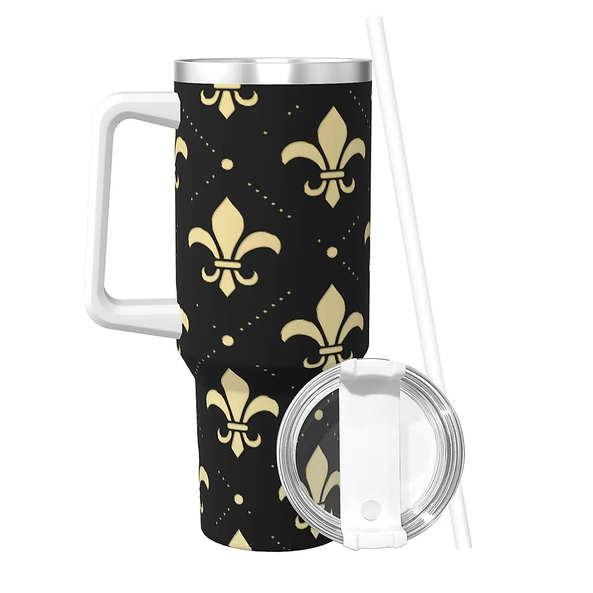 allgobee 40oz Stainless Steel Travel Mug With Handle,Fleur-De-Lis-Gold Insulated Coffee Tumbler With Lid And Straw