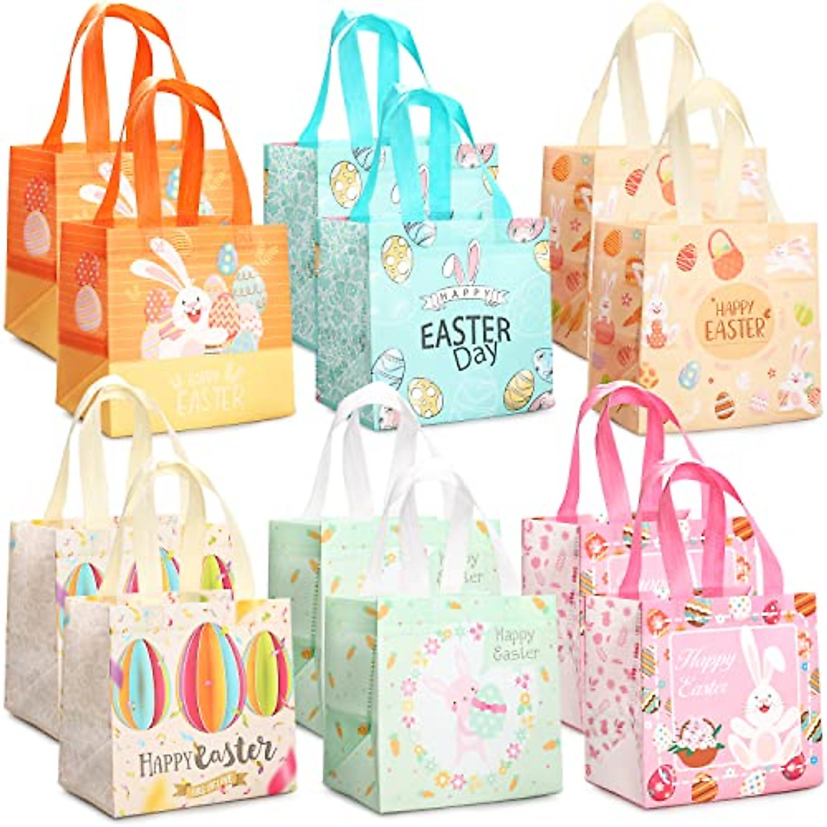 12PCS Easter Egg Hunt Bags Happy Easter Bunny Carrot Chick Egg Gift Bags with Handles, Easter Treat Bags, Multifunctional Non-Woven Easter Bags for Gifts Wrapping, Egg Hunt Game, Easter Party Supplies , 8.3×7.9×5.9inch