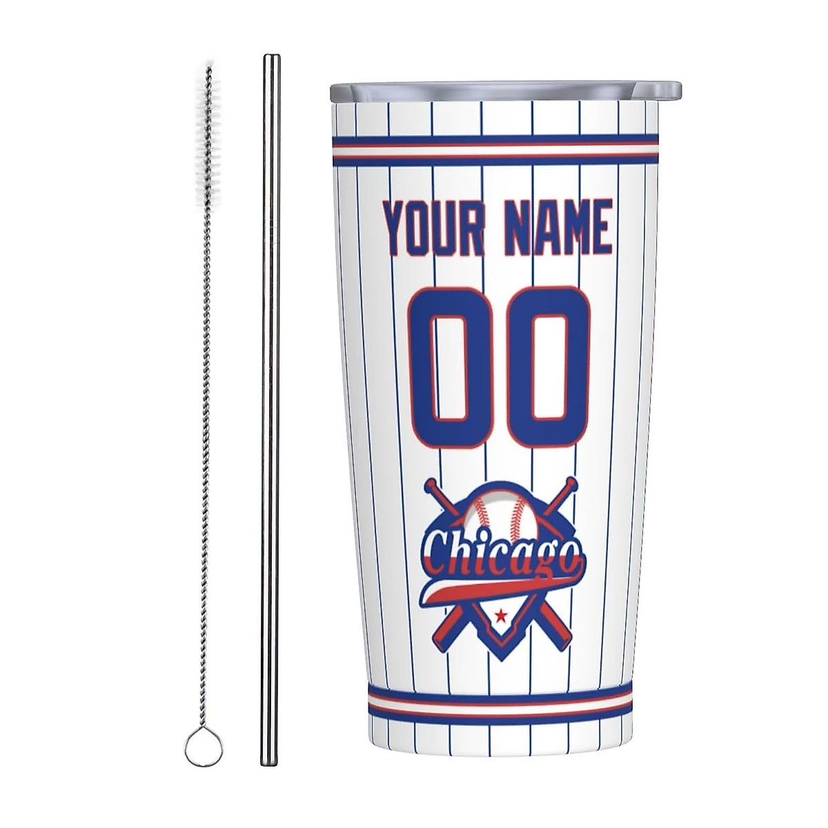 Chicago Custom Baseball 20oz Tumbler,Add Personalized Name And Number,Personalized Travel Coffee Mug, Stainless Steel, Insulated, Keep Drinks Cold And Hot,Gifts For Baseball Fans