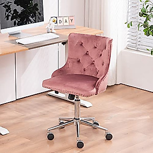 VINGLI Velvet Office Chair, Modern Office Chair Velvet Desk Chair Upholstered Office Chair Swivel Chair with Wheels, Tufted Office Chair Nail Tech Chair Accent Desk Chair for Home Office, Pink