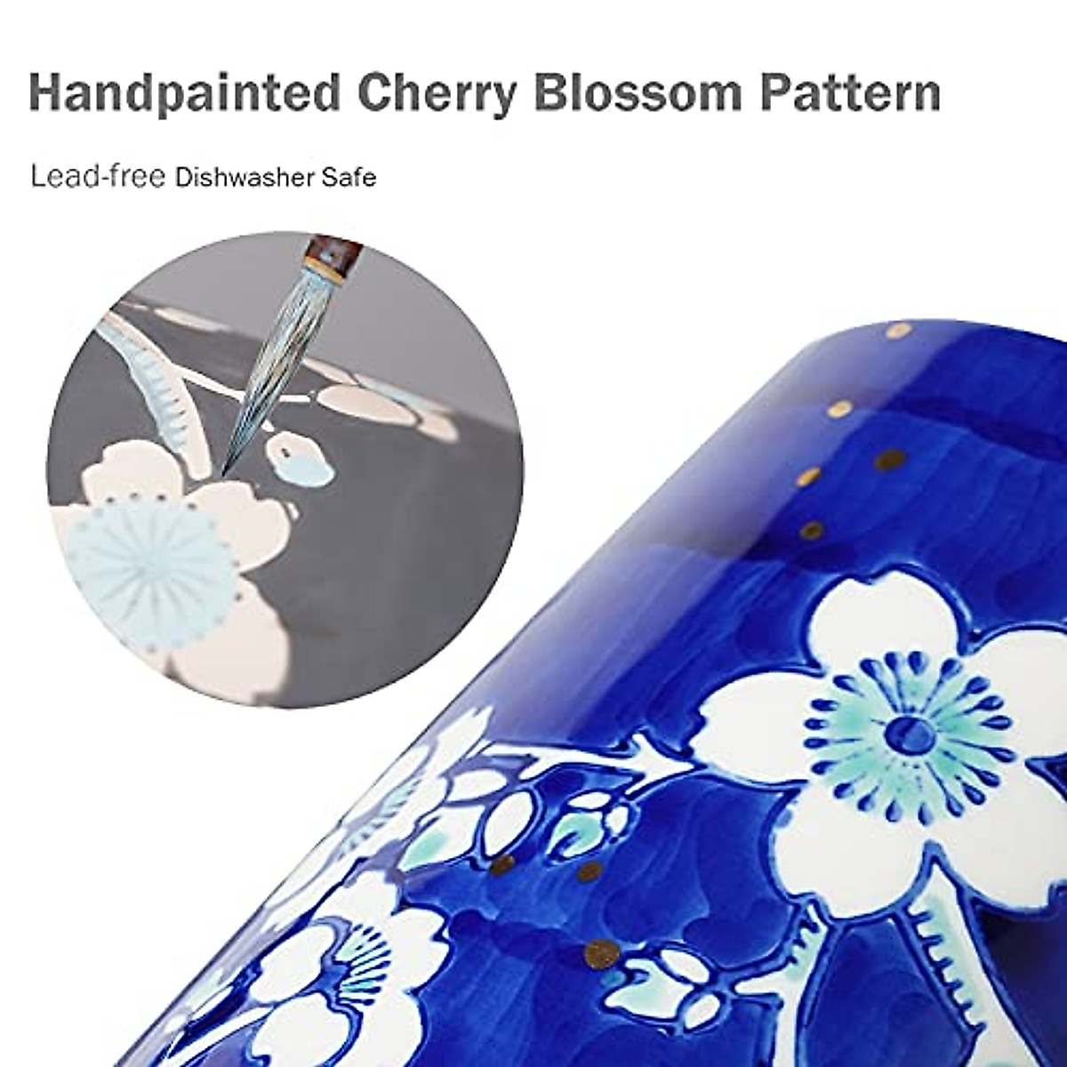 Taimei Teatime Ceramic Coffee Mug Set with Lid and Spoon, 16.9 oz Large Coffee Mug with Handpainted Cherry Blossom Pattern, Tea Cup with Lid for Home| Office, Tea Mug Gift for Women, Blue