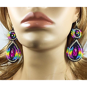 Handmade Seed Beaded Teardrop Hook Earrings (Purple Black)