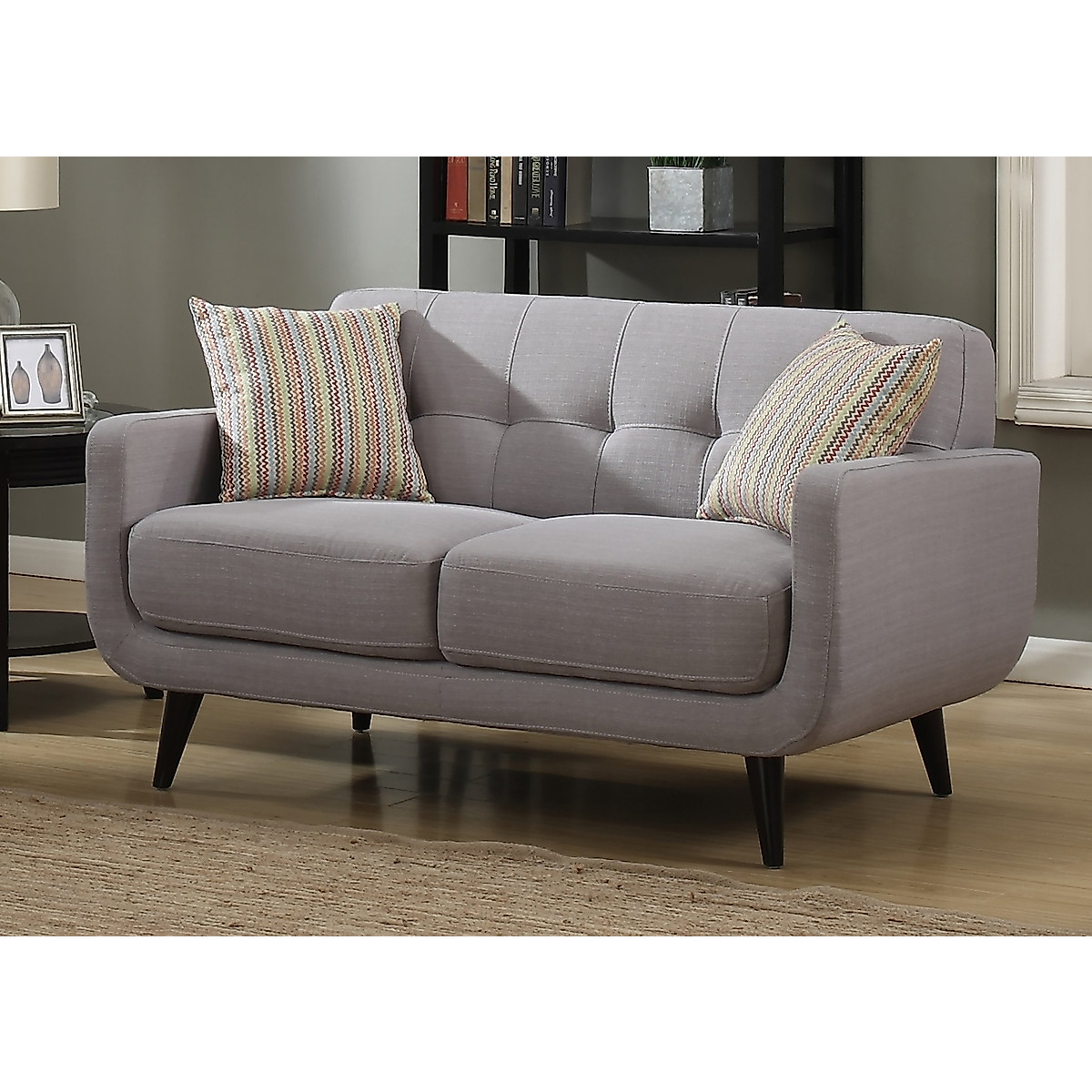 AC Pacific Crystal Collection Mid Century Modern Living Room Furniture, Tufted Back, Solid Espresso Legs, Plush Upholstery, Accent Piece with Minimal Assembly, Sofa and Loveseat, Grey