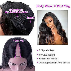 Xagujpo V Part Wig Human Hair Body Wave Wigs Upgrade U Part Wigs Brazilian Virgin Human Hair Wigs For Black Women Glueless Clip In Half Wig V Shape Wigs No Sew In 180% Density Natural Color 18inch