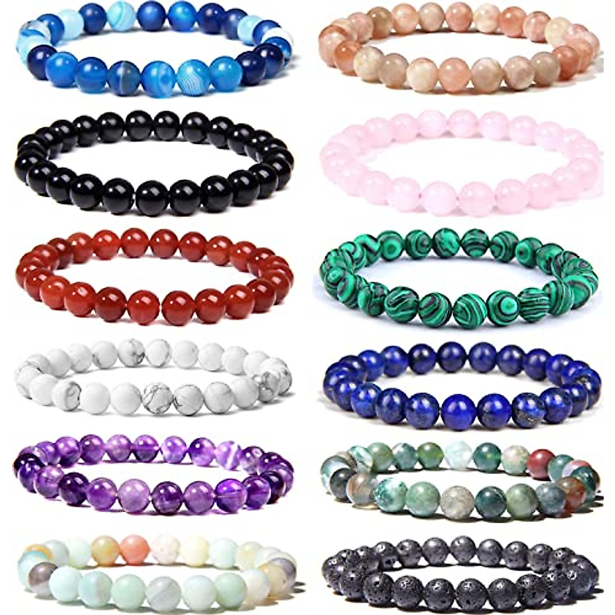 WAINIS 12PCS 8mm Semi-precious Beaded Bracelets for Men Women Healing Stretch Round Bead Crystal Gemstones Bracelets Unisex