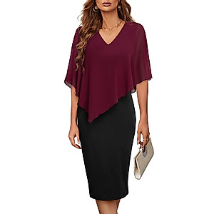 Bodhi talk Women's Solid Color Tank Dress Floral Chiffon Fake Two Pieces Dress Sleeveless Sheath Cape Dresses Dark Red X-Large