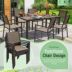 Greesum Outdoor Dining Set 7 Piece Patio Furniture with Rectangular Table and 6 Stackable Chairs Family Conversation for Garden Backyard Deck, Brown