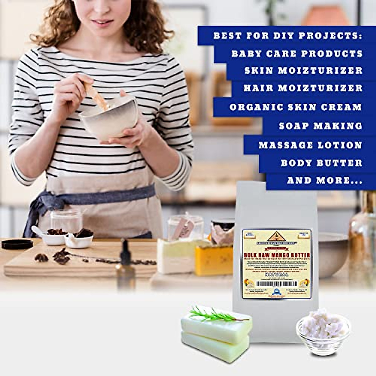 ANCIENT HEALTH REMEDIES Organic Unrefined Raw MANGO BUTTER JAR/BLOCKS Bulk, Light Mango Aroma, Non-Greasy Base for Beauty, Skin Moisturizing, DIY Base for Body Butter & Hand Creams (2 LB)