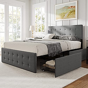 GAOMON Queen Bed Frame with Storage, Grey Bed Frame Queen Size with 4 Drawers and Headboard, Platform Bed Frame with Large Storage, No Box Spring Needed, Noise-Free, Easy Assembly