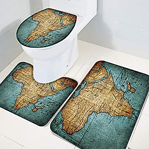 3 Piece Bath Rugs Non-Slip Mat Set Vintage Brown and Green Africa Map Absorbent Carpet Mats Durable Contour Mat and Toilet Seat Cover for Tub Toilet Shower Bathroom