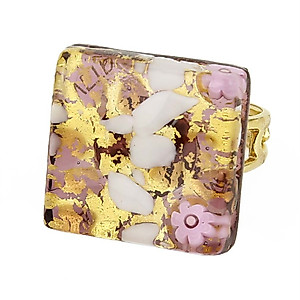 GlassOfVenice Murano Glass Venetian Reflections Square Adjustable Ring - Purple Gold