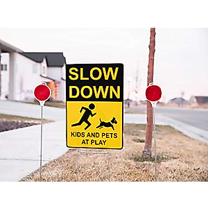 CORQUE Kids at Play Safety Signs for Street, Slow Down & Caution Warning - 2 Pack Double Sided with High Visibility Reflectors & Adjustable Metal Stakes Set - Children Playing Yard Road Visual Signal