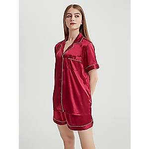 Honypove Silk Satin Pajamas for Women Super Soft Short Sleeve Womens Pajamas Sets Button-Down Sleepwear Pj Sets (Small, Wine Red)