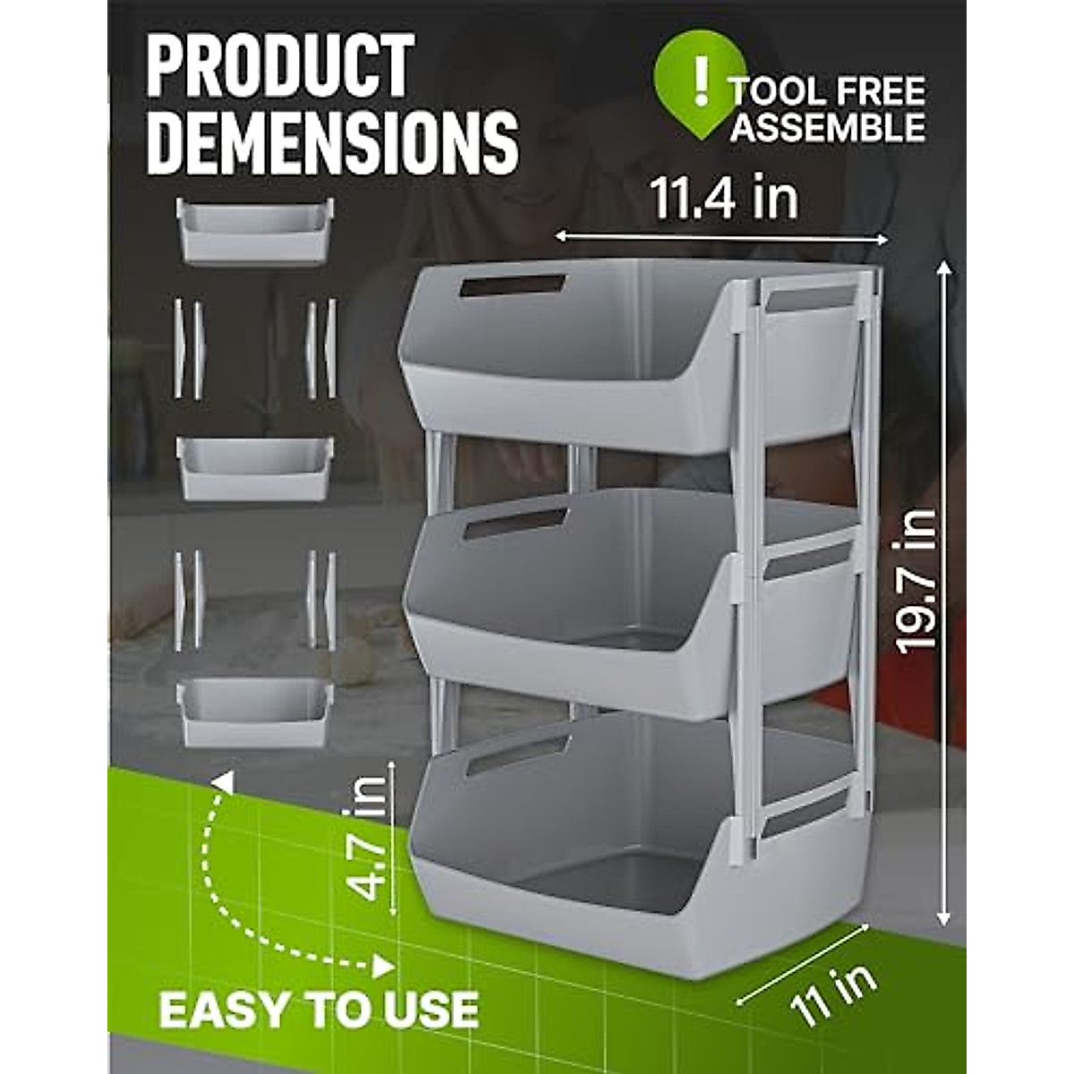 Skywin 3-Tier Plastic Stackable Storage Bins 11.4" x 11" x 19.7" with Brackets for Extra Protection - For Pantry Storage, Kitchen Storage, and Bathroom Storage (Grey)