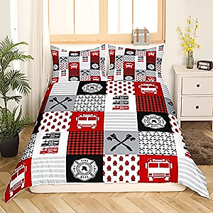 5Pcs Red Fire Truck Car Duvet Cover Set Queen Size & Curtain Set: 1 Duvet Cover + 2 Pillowcase + 2 Panels of 42 W x 63 L inch Each