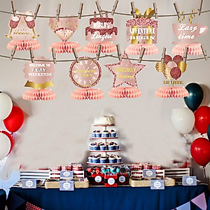 9Pcs Happy Retirement Decorations Table Honeycomb Centerpieces Party Supplies Pink Rose Gold Retirement Adventure Awaits Sign for Men Retired Decor Goodbye Retirement Signs