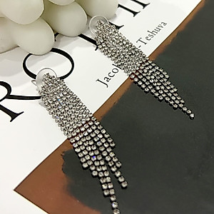 Luxval Rhinestone Earrings Dangling for Women Sparkly Silver Dangle Earrings Women Long Chandelier Earrings Tassel Lightweight Ear Studs Cubic Zirconia Crystal Statement