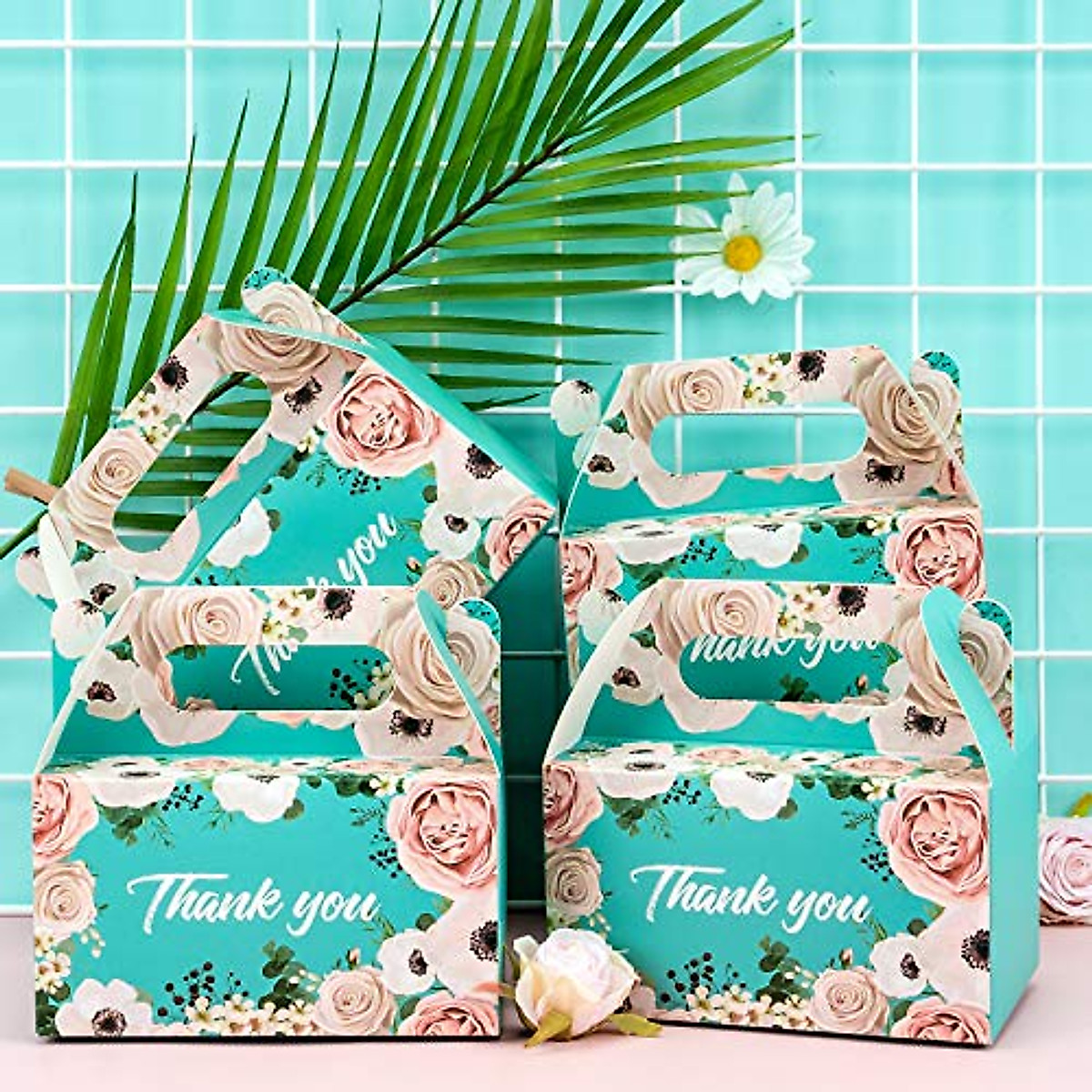 WRAPAHOLIC 24 Pack Thank You Treat Boxes - Blue Boho Floral Design Cardboard Box, Perfect for Wedding, Birthday, Celebrating and Party - 6.25 x 3.5 x 3.5 Inch Each
