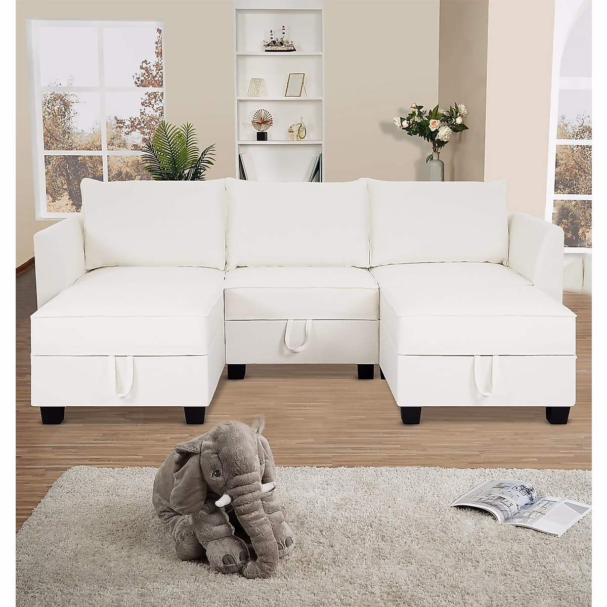 Naomi Home Modular Reversible U-Shaped Sectional Sofa with Double Chaise and Ottomans, Elizabeth Linen Couch with Storage Seats, White