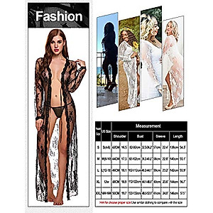 Women Robe Bathrobe Long Sleepwear Lace Night Gown Floral Pajamas Nightgown Dress with Sleeve,4_black Beach Bikini Cover Up,Medium