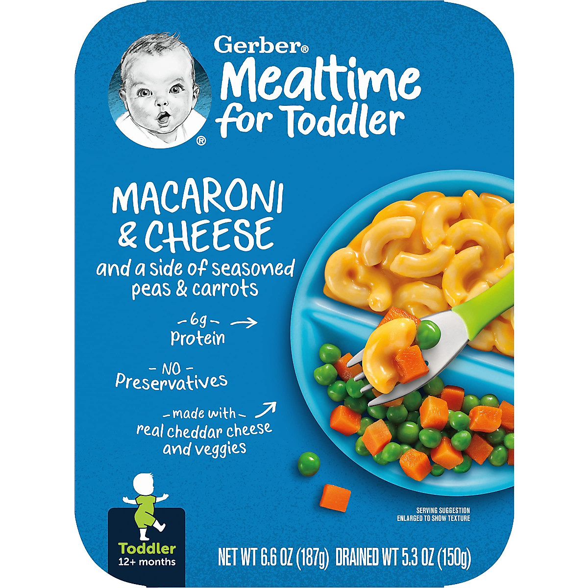 Gerber Mealtime for Toddler Macaroni & Cheese with Side of Seasoned Peas & Carrots, Made with Real Cheddar Cheese & Farm Grown Veggies (6.6 Ounce (Pack of 12))