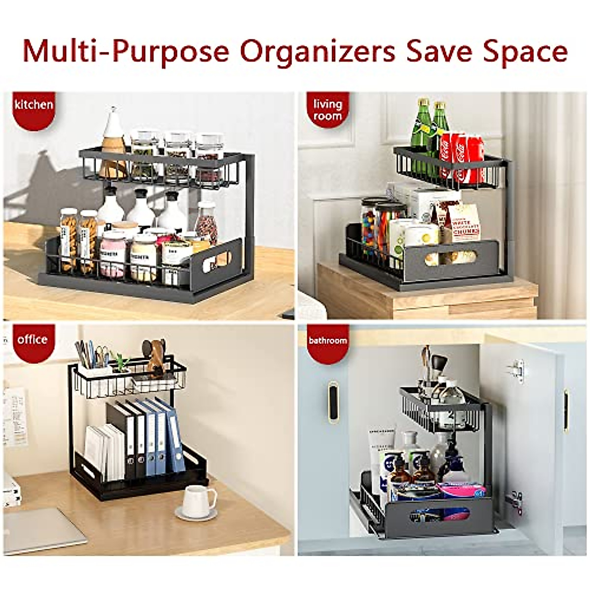 Under sink organizer, Furihshe kitchen storage pull out double shelf drawer 2-Tier Slide Out Sliding Shelf Under Cabinet Storage Multi-Use for Under kitchen sink organizers and storage, Black