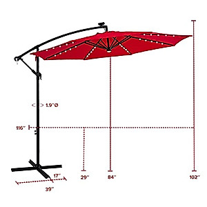 FLAME&SHADE 10 ft Cantilever Offset Solar Powered Outdoor Patio Umbrella with LED Lights and Cross Base Stand, Red