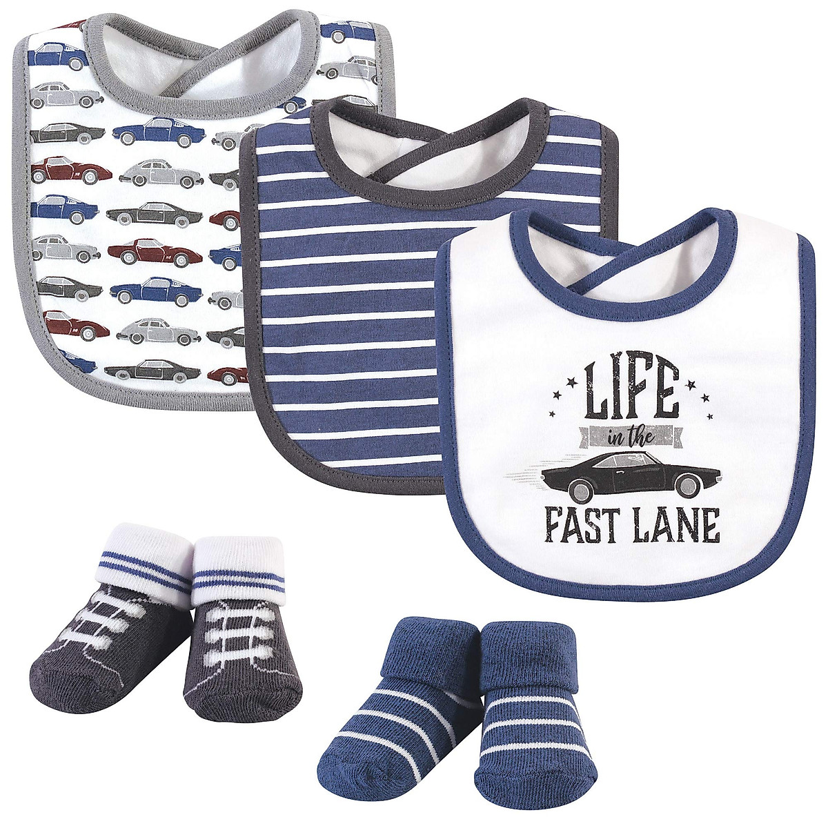 Hudson Baby Unisex Baby Cotton Bib and Sock Set, Vintage Cars, One Size