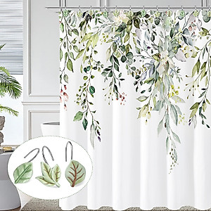 Gibelle 12PCS Leaves Shower Curtain Hooks, Green Plant Leaf Decorative Shower Curtain Hooks Metal Rustproof Cute Eucalyptus Shower Curtain Rings Bathroom Decoration Accessories