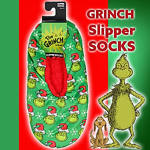 Dr. Seuss GRINCH That Stole Christmas Slippers Santa Grinch Slipper Socks with No-Slip Sole For Women Men (Small)