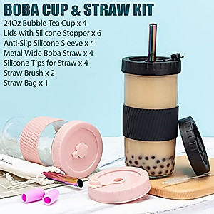 Reusable Boba Cup Glass Bubble Tea Cup 4 Pack, 24Oz Wide Mouth Smoothie Cups with Lids Straw & Silicone Sleeve, Leakproof Mason Jar Drinking Water Bottle Travel Tumbler for Large Pearl Valentine Gifts
