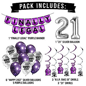 FINALLY LEGAL Purple Party Pack - 21st Birthday Banner, Balloon and Swirls Pack- Birthday Decorations - 21st Birthday Party Supplies, Favors and Gifts