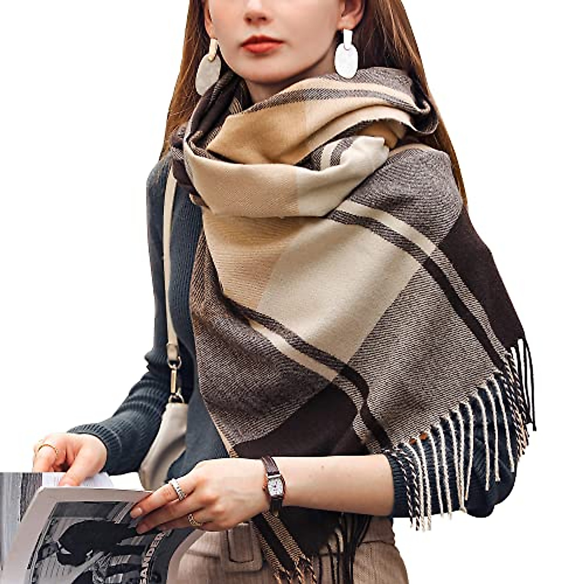 SPELLTIVE Classic Tassel Plaid Soft Cashmere Feel Womens Scarf (Brown Plaid)