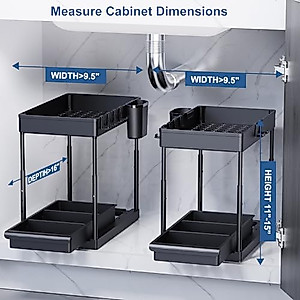 ESSBLIN Under Sink Organizer, Height Adjustable,2 Pack Black Under Bathroom Cabinet Storage with Hooks Hanging Cup,2 Tier Sturdy Large Capacity Pull Out Drawer for Kitchen Cleaning Supplies