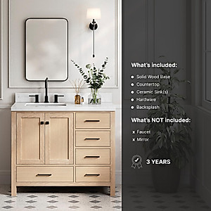ARIEL Cambridge 42 Inch Oak Bathroom Vanity with Sink, Carrara White Quartz Countertop 1.5 inch Edge and backsplash, Soft Closing Door and Drawer, Matte Black
