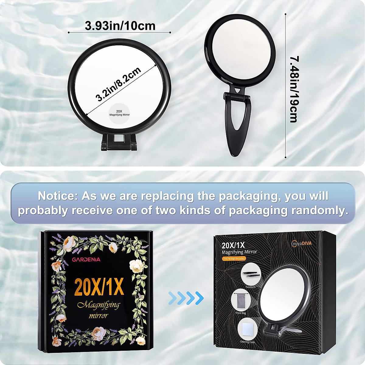 5 Inch 20X Magnifying Mirror with Blackhead Tweezer Kit, Handheld Mirror with Handle, Portable Magnified Mirror with Eyebrow Plucking Tweezers, Foldable, Double sided, Black