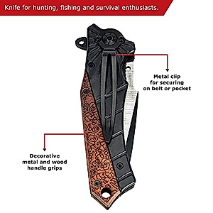 Spring Assisted Pocket Knife with Clip, Folding Pocket Knife - Decorative Metal and Wood Handle Grip