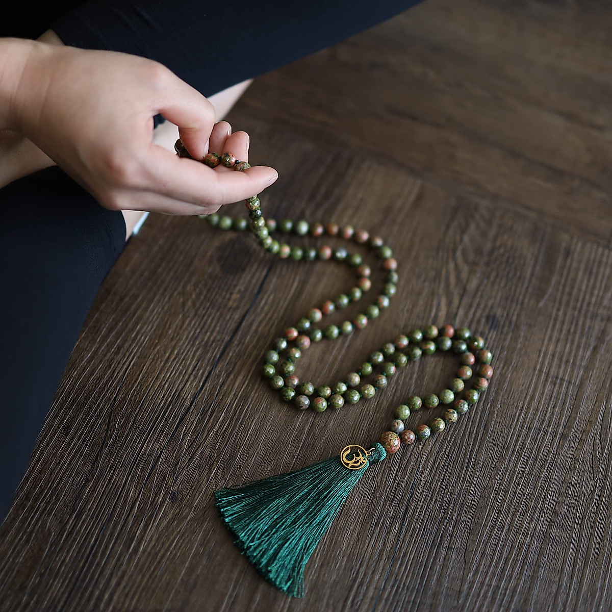 COAI OM Charm Hand Knotted Tassel Unakite Stone 108 Mala Beads Necklace 8mm